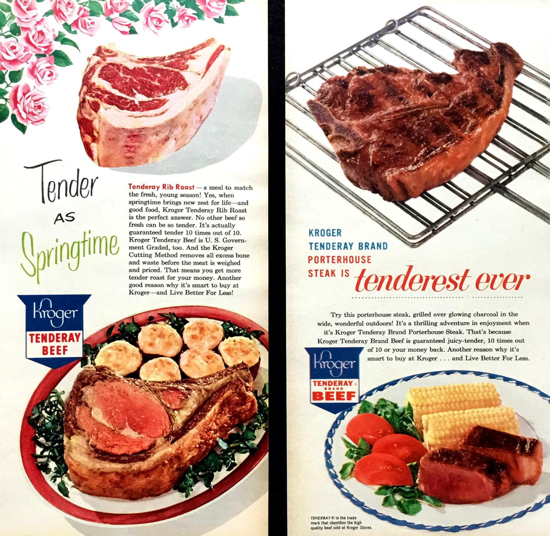 1950's Kroger Tenderay Beef Vintage Ad, Set of Two, Advertising Art ...