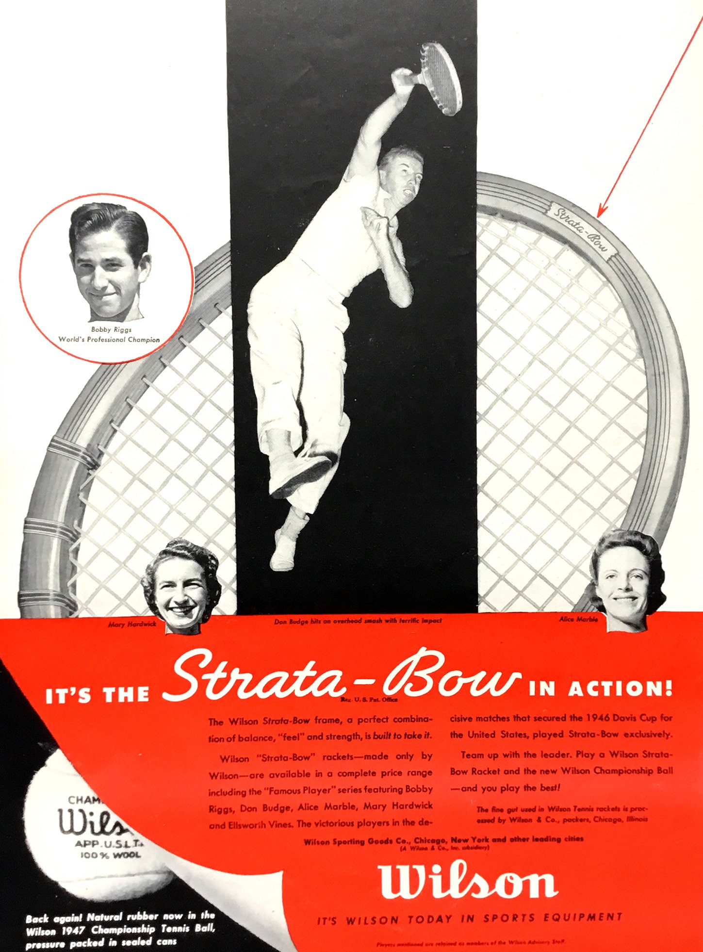 1947 Wilson Tennis Ad, Bobby Riggs, Strata-bow Racket, Vintage Magazine ...