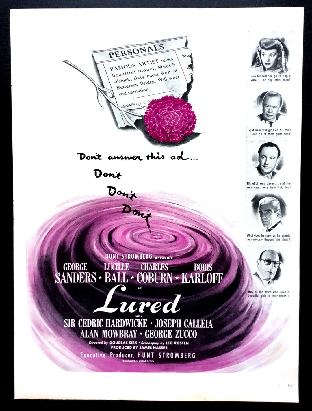 1947 "lured" Vintage Movie Ad, Advertising Art, Lucille Ball, Magazine ...