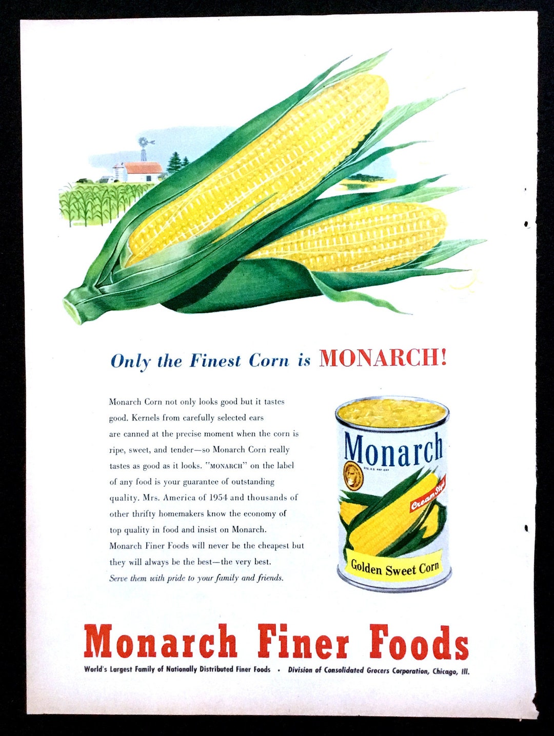 1954 Monarch Canned Corn Ad, Vintage Kitchen Wall Art - Etsy