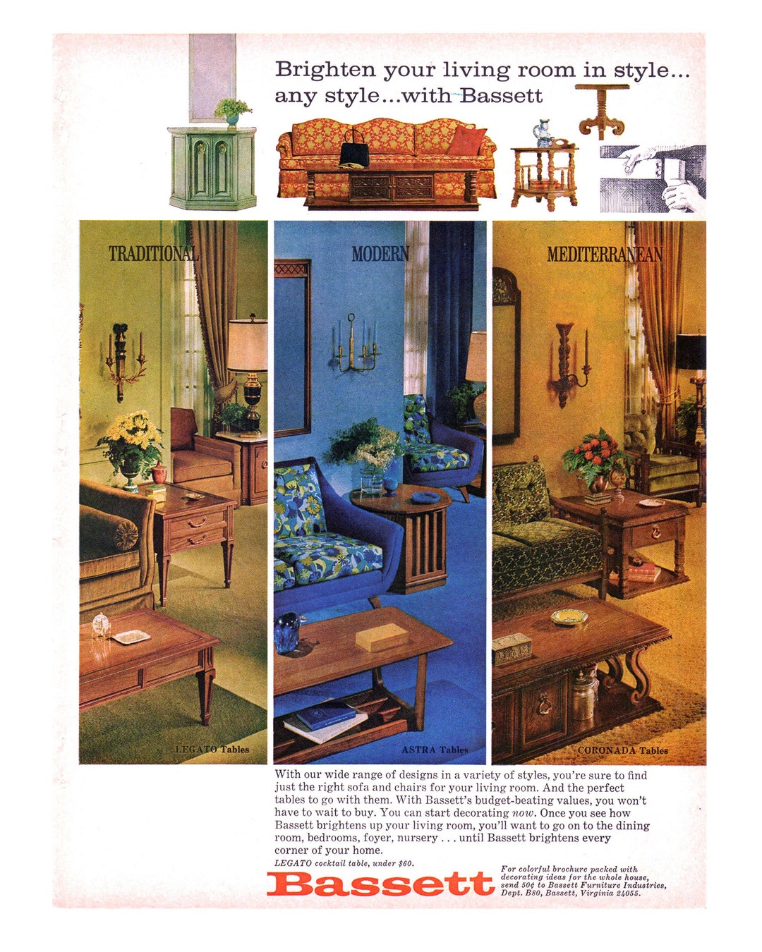 1968 Bassett Furniture Vintage Ad, Advertising Art, Magazine Ad, 1960's ...