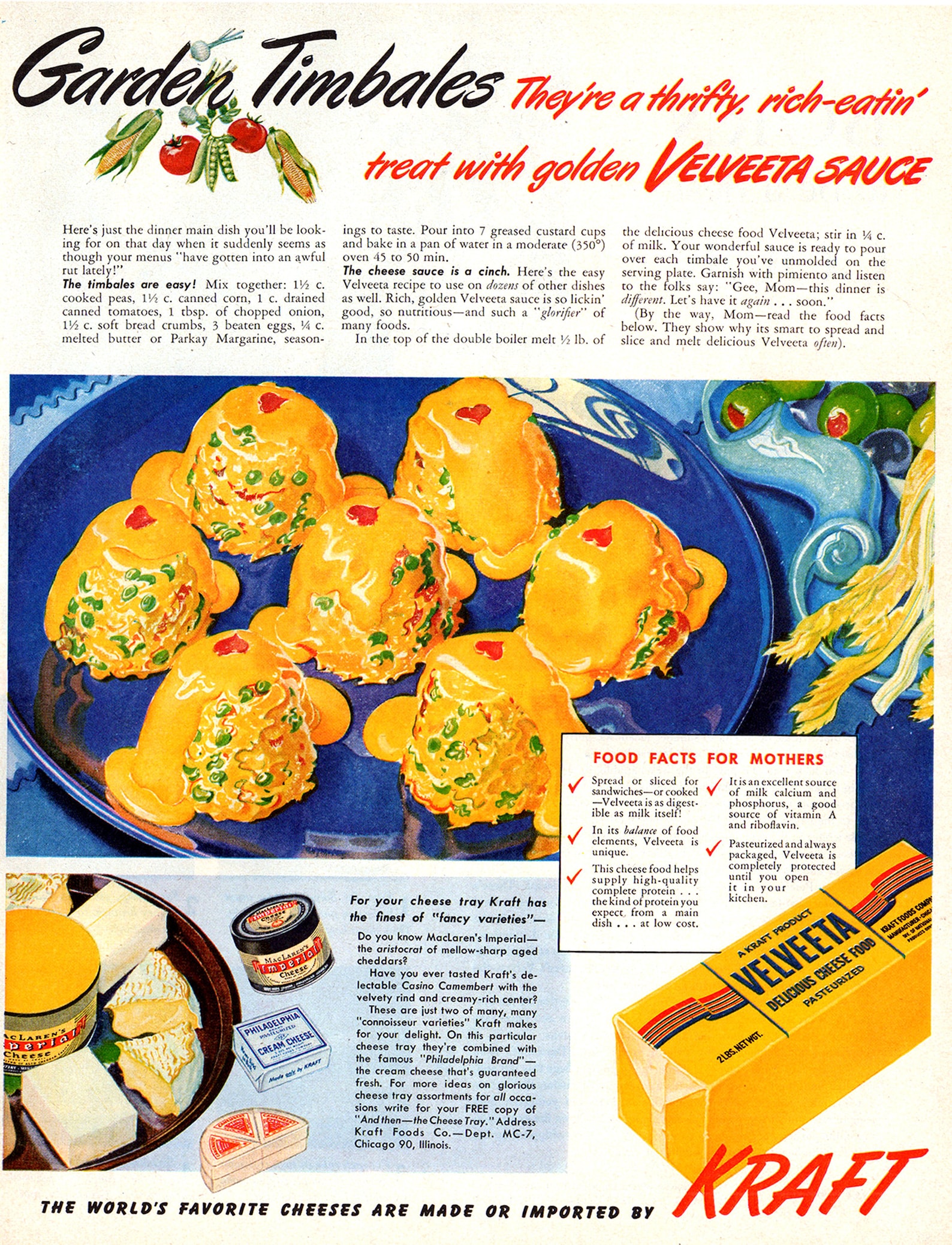 1949 Kraft Velveeta Cheese Ad, Garden Timbales Recipe, Mccall's ...