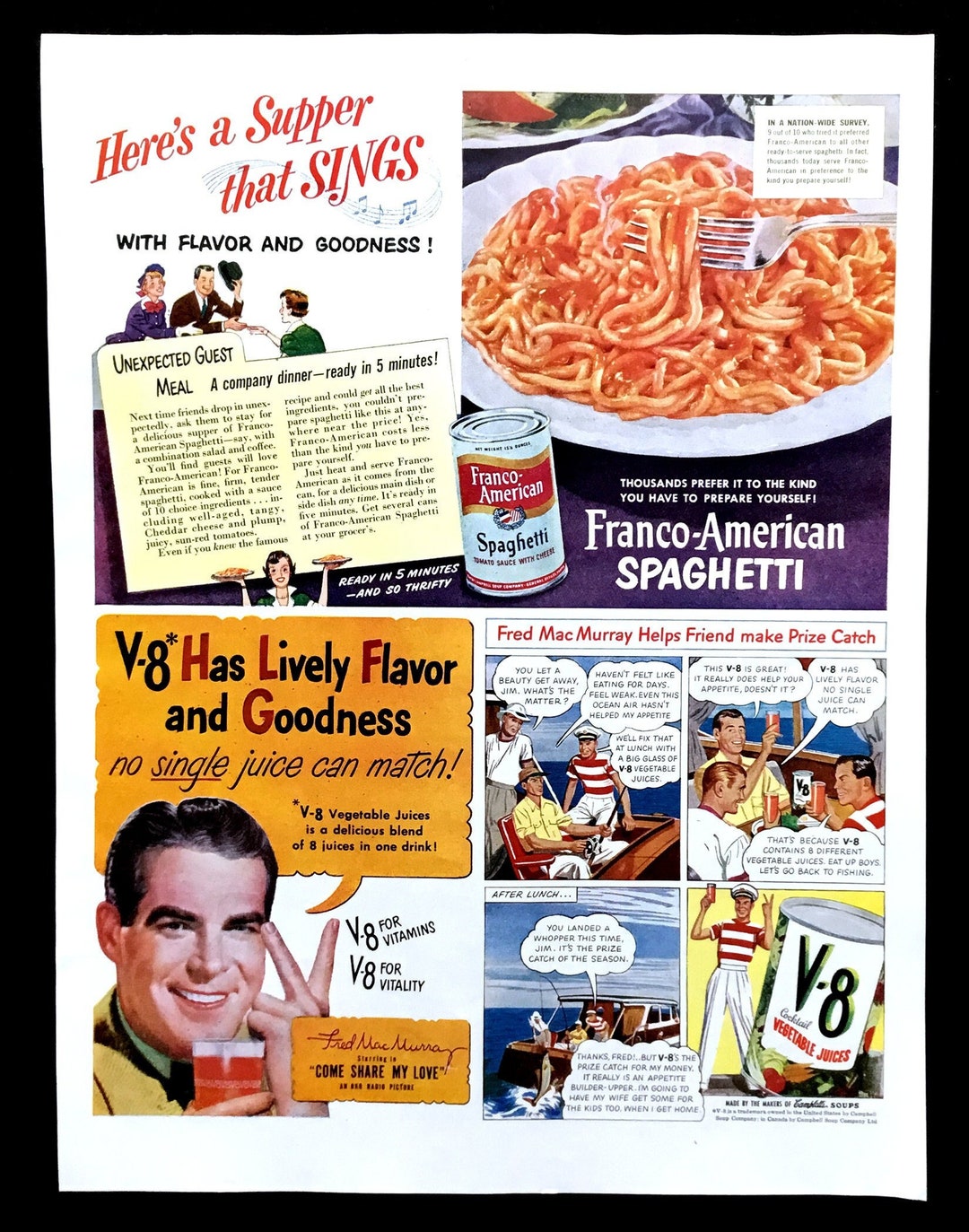 1950 V-8 Juice and Franco-american Spaghetti Vintage Ad, Fred Macmurray ...