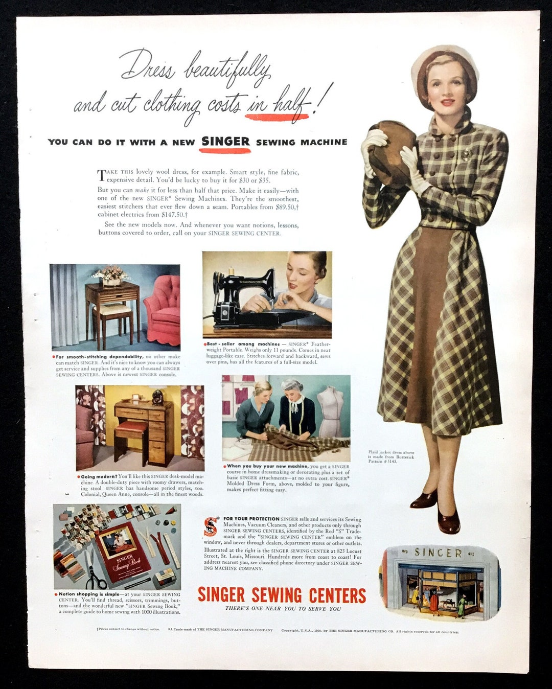 1950 Singer Sewing Centers Vintage Ad, Advertising Art, Magazine Ad ...