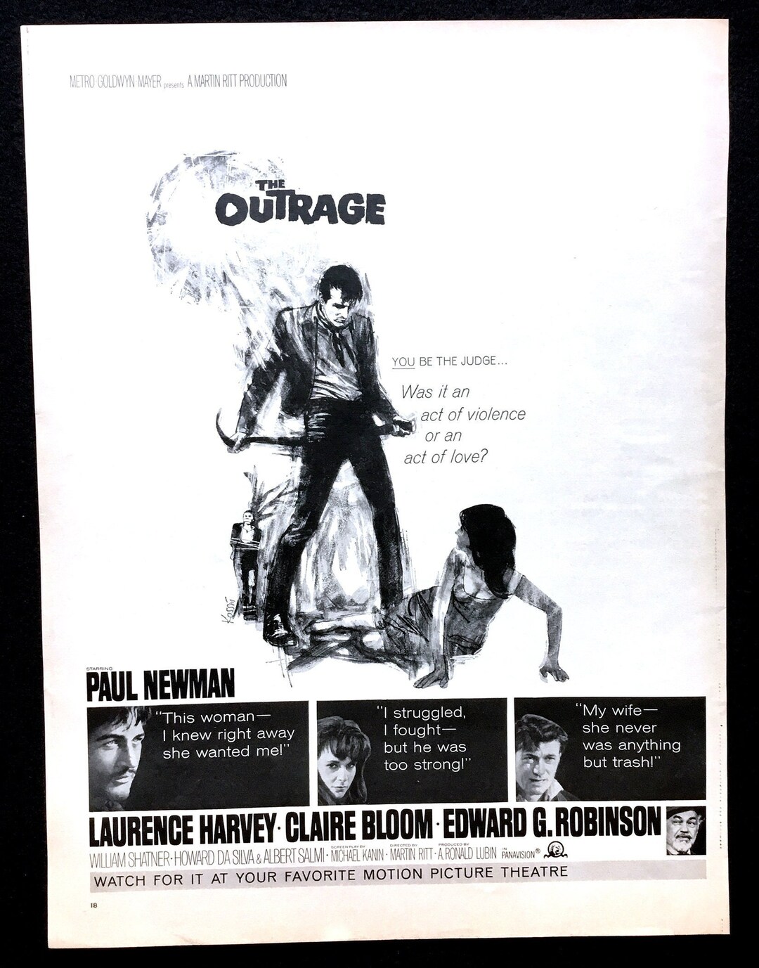 1964 "the Outrage" Movie Ad, Paul Newman, Edward G. Robinson, Life ...