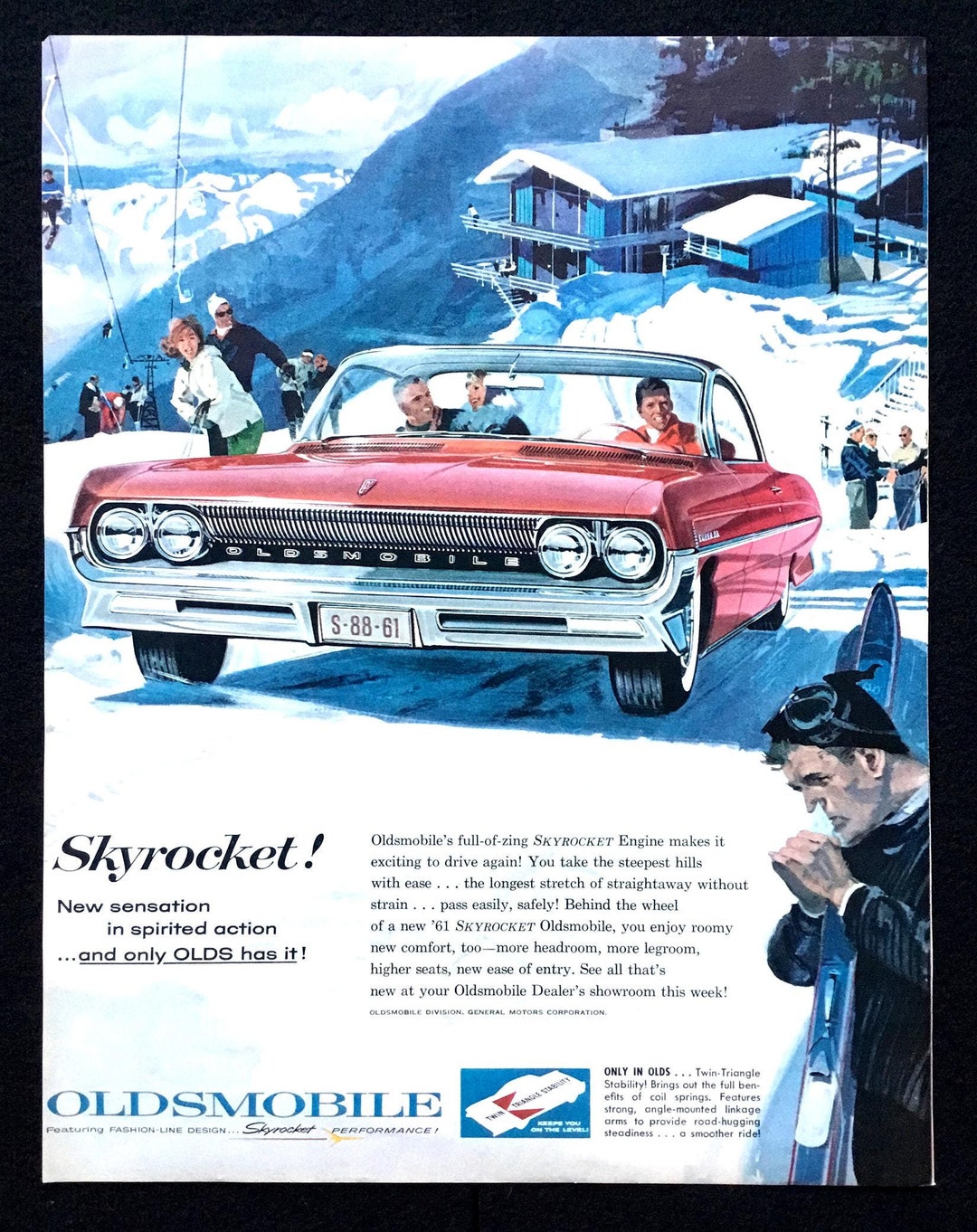 1961 Skyrocket Oldsmobile Vintage Ad, Advertising Art, Magazine Ad, Ski Lodge, Print Ad, Great ...