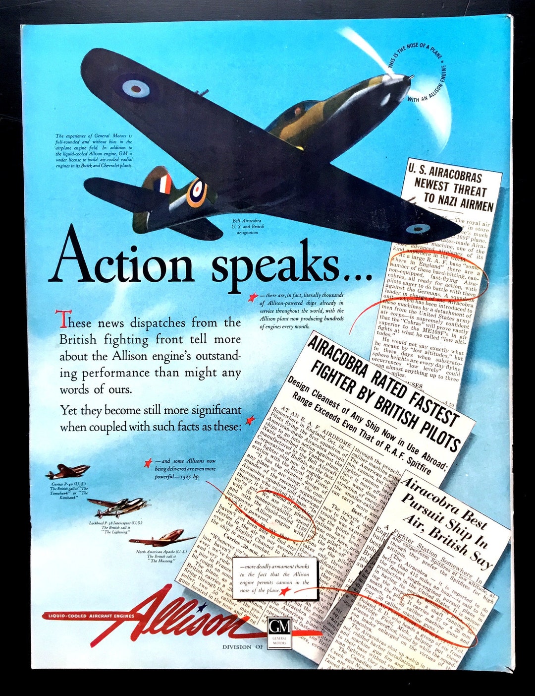 1942 Allison Aircraft Engines Vintage Ad, WWII, Advertising Art ...