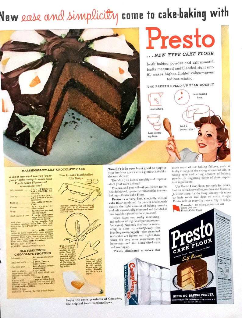 1942 Presto Cake Flour Vintage Magazine Ad, Chocolate Cake Recipe - Etsy