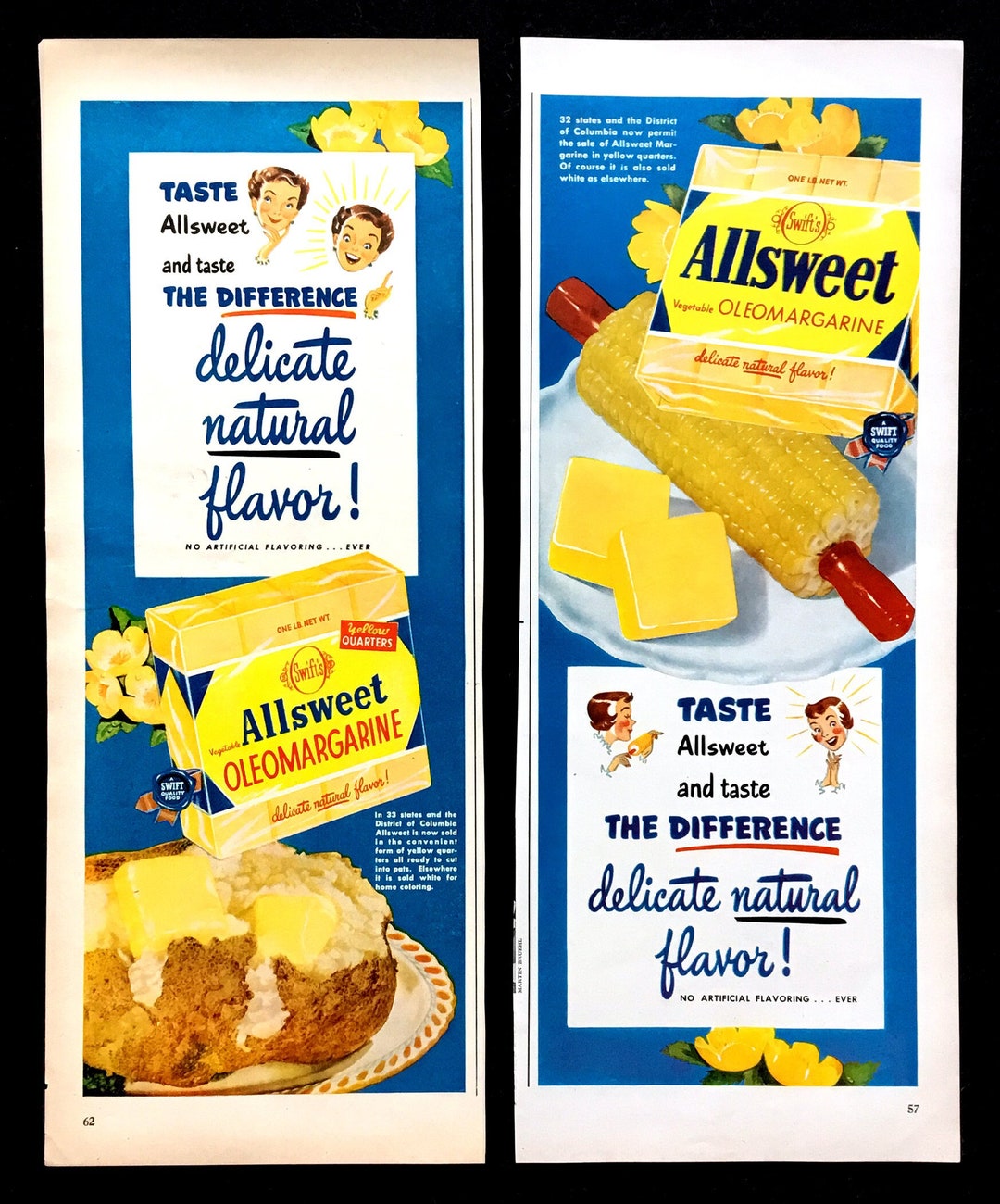 1950's Allsweet Oleomargarine Vintage Ads, Set of Two, Advertising Art ...