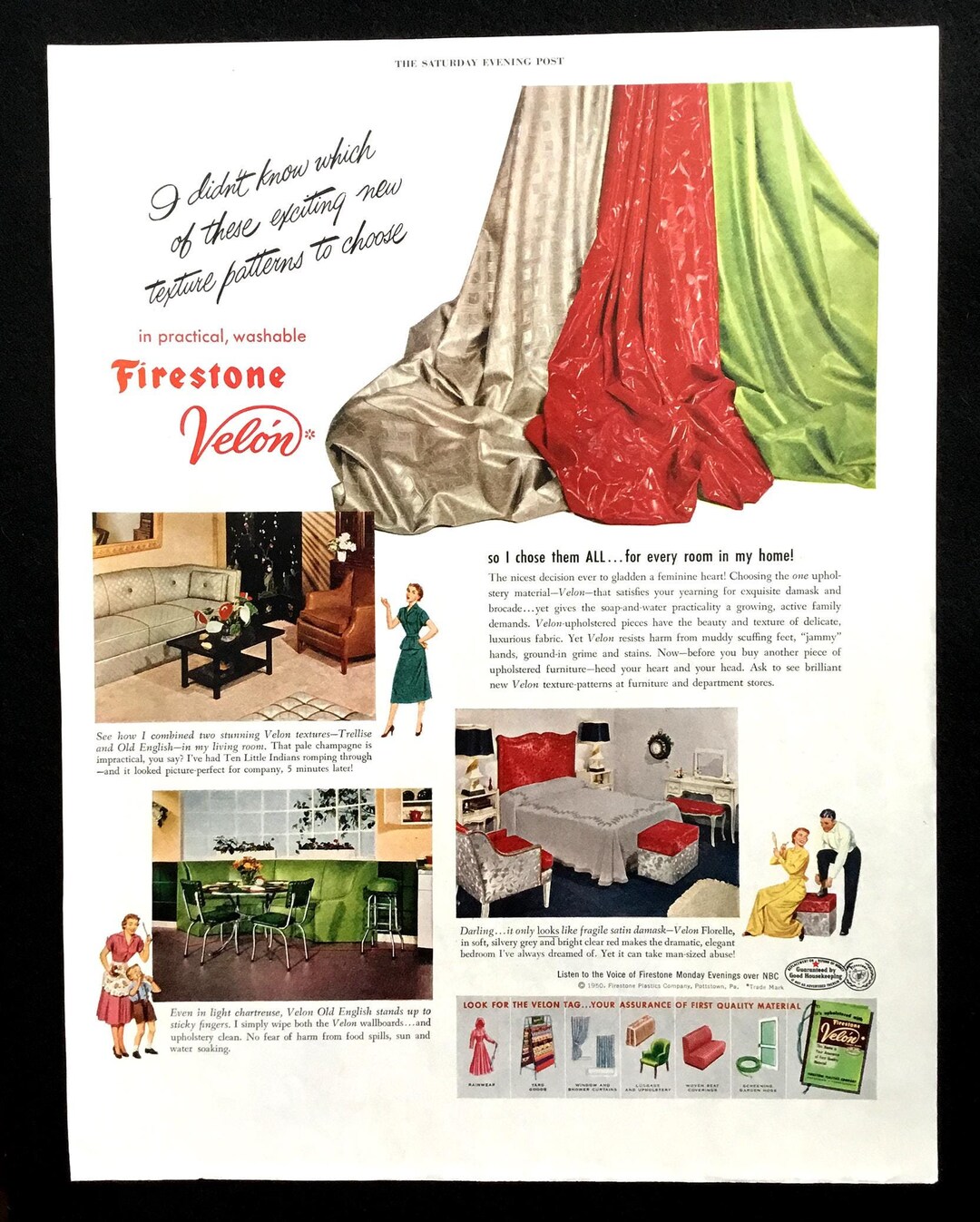 1950 Firestone Velon Fabric Vintage Ad, Advertising Art, Magazine Ad, Print Ad, 1950's Decor ...