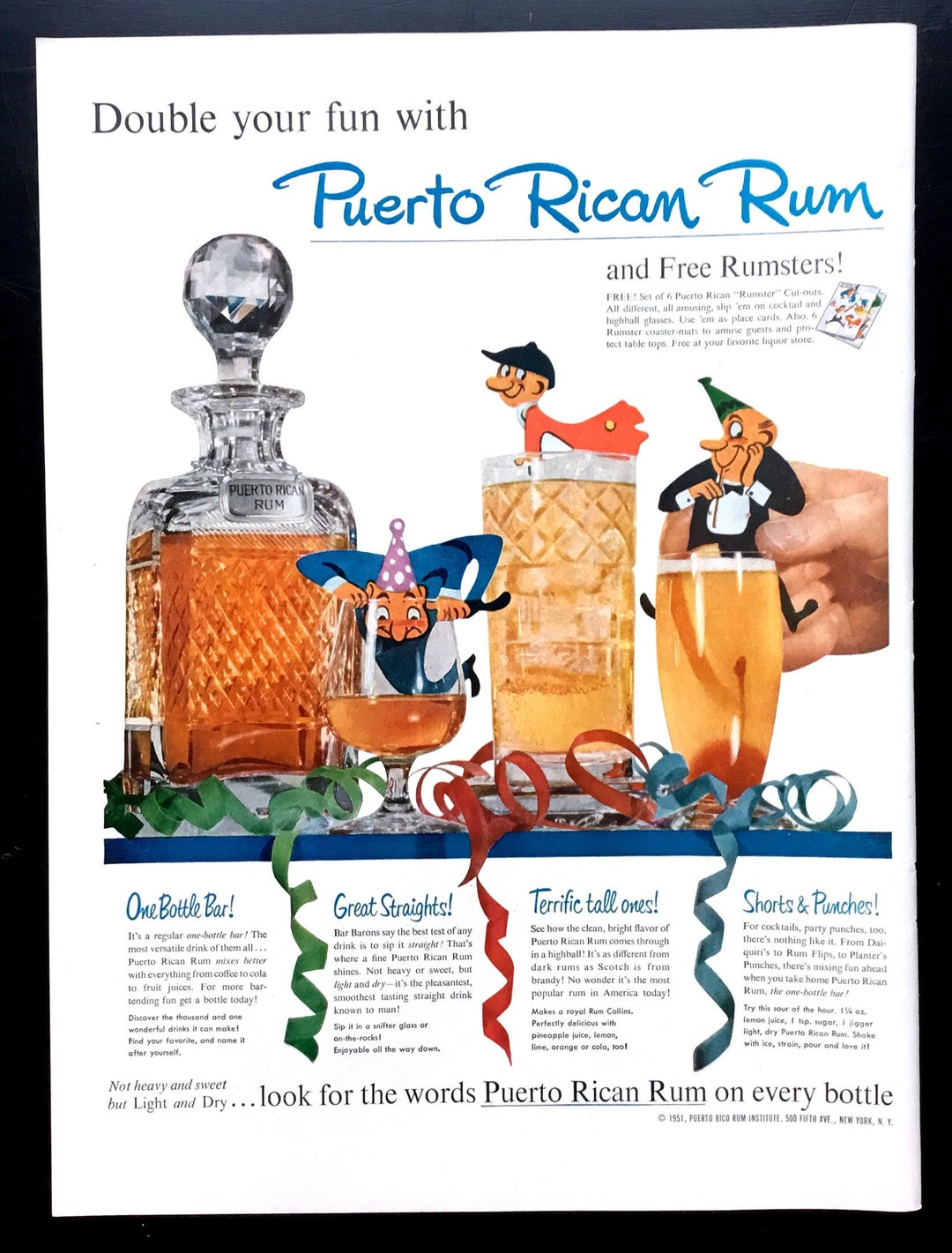 1951 Puerto Rican Rum Ad, Vintage Magazine Print, Cocktail Art - Etsy