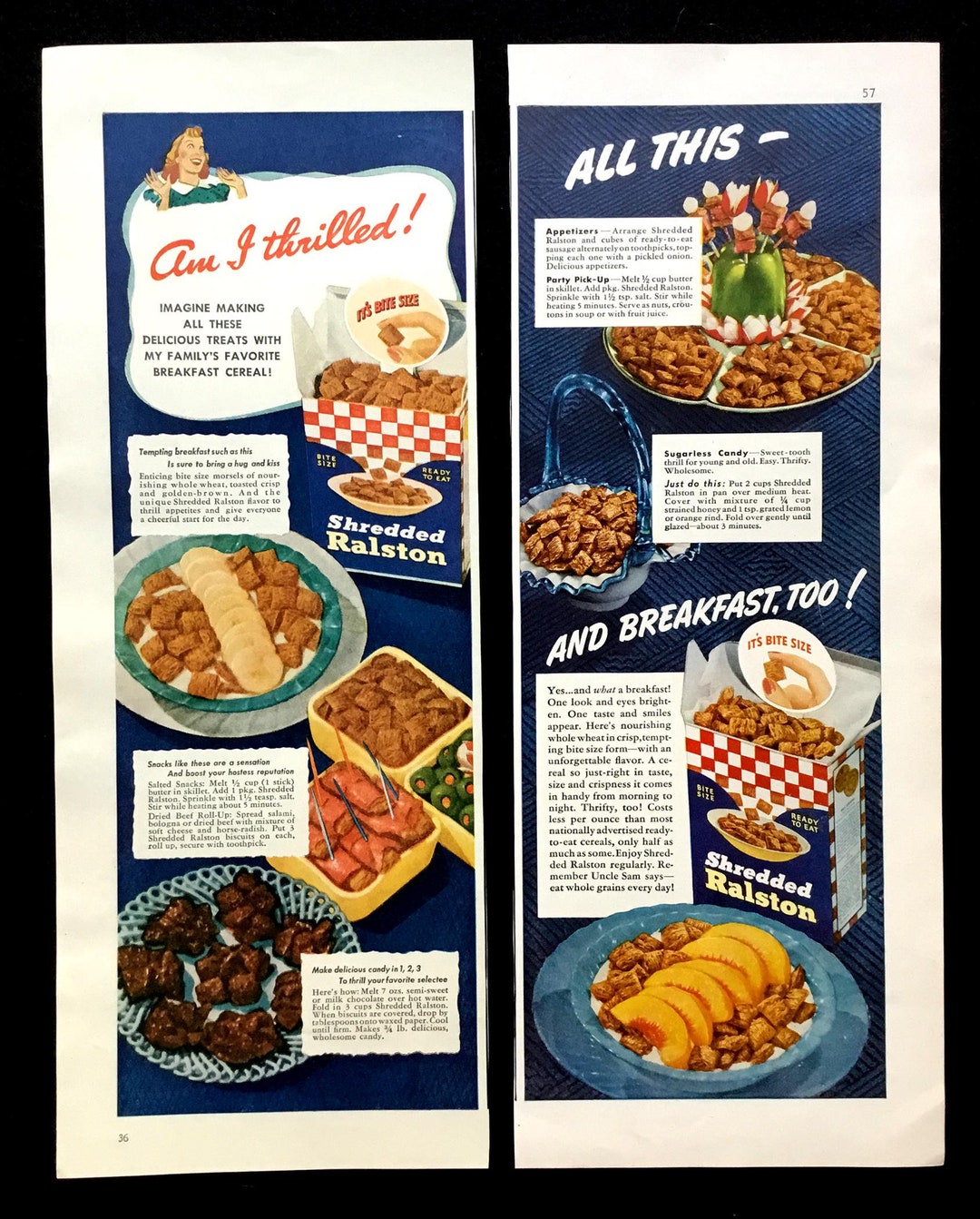 1950's Shredded Ralston Cereal Vintage Ad, Set of Two, Advertising Art ...