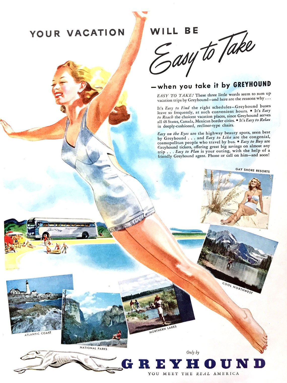 1947 Greyhound Vintage Ad, Advertising Art, 1940's Travel, Magazine Ad ...