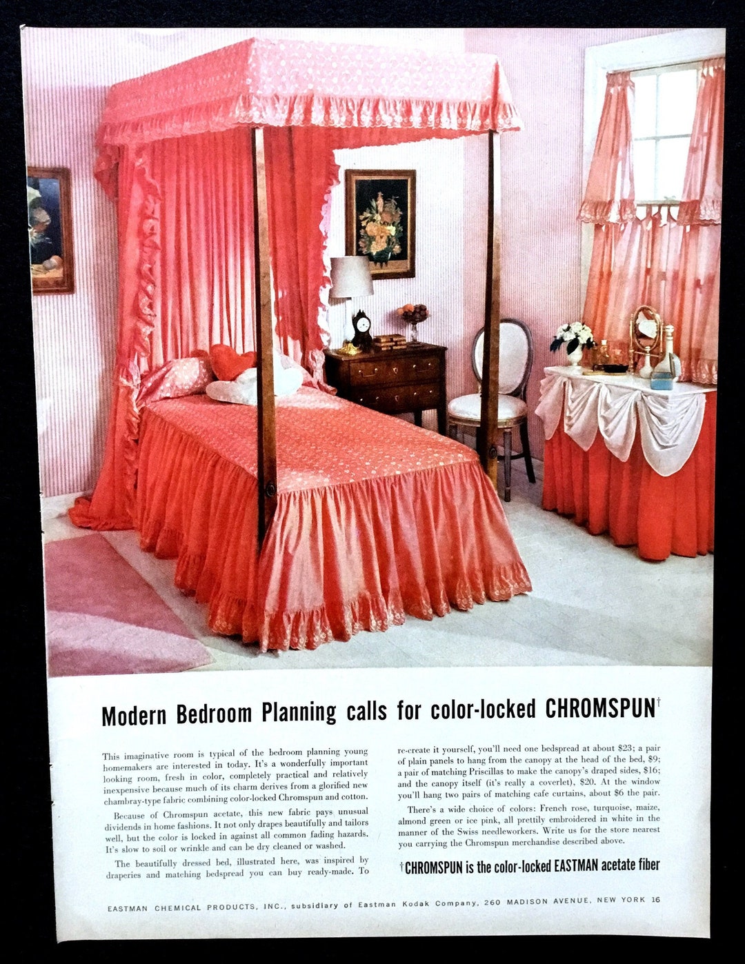 1954 Chromspun Acetate Vintage Ad, Advertising Art, 1950's Bedroom ...
