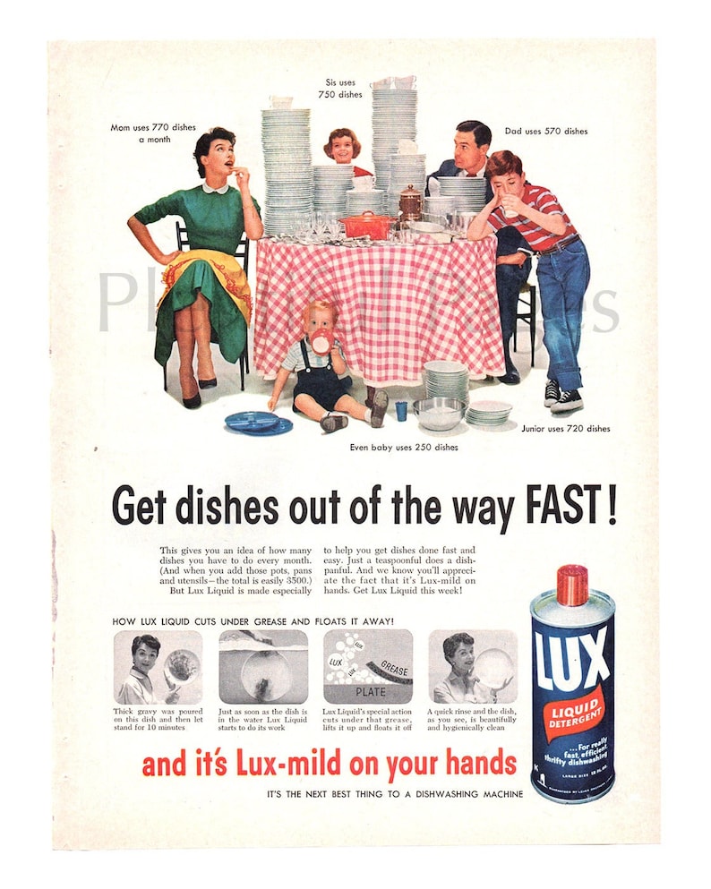 1956 Lux Liquid Detergent Vintage Ad, Family Dishwashing, Good ...