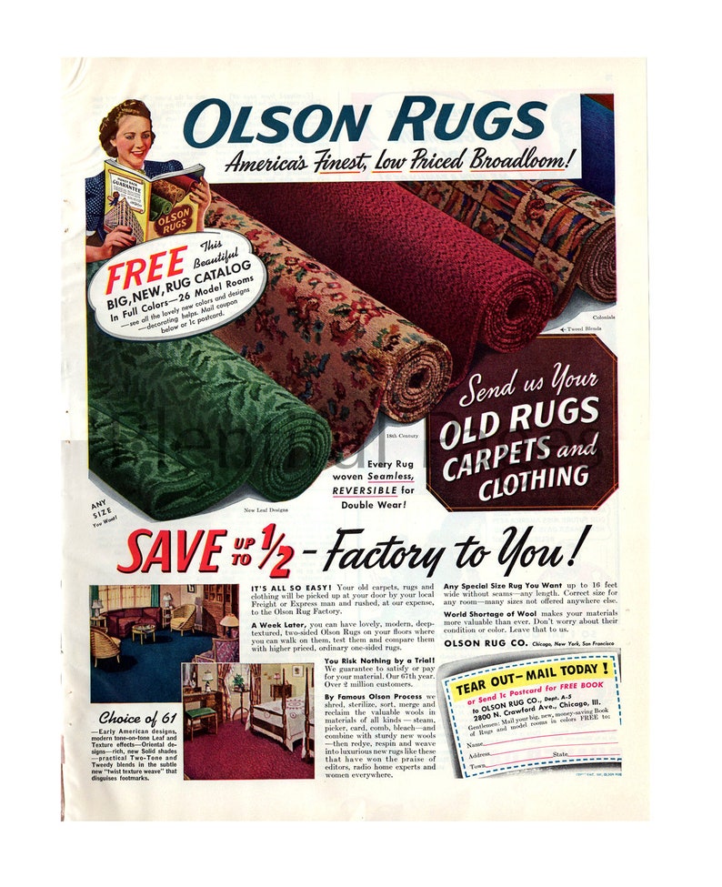 1941 & 1950 Olson Rugs Vintage Ads Set of Two Advertising | Etsy