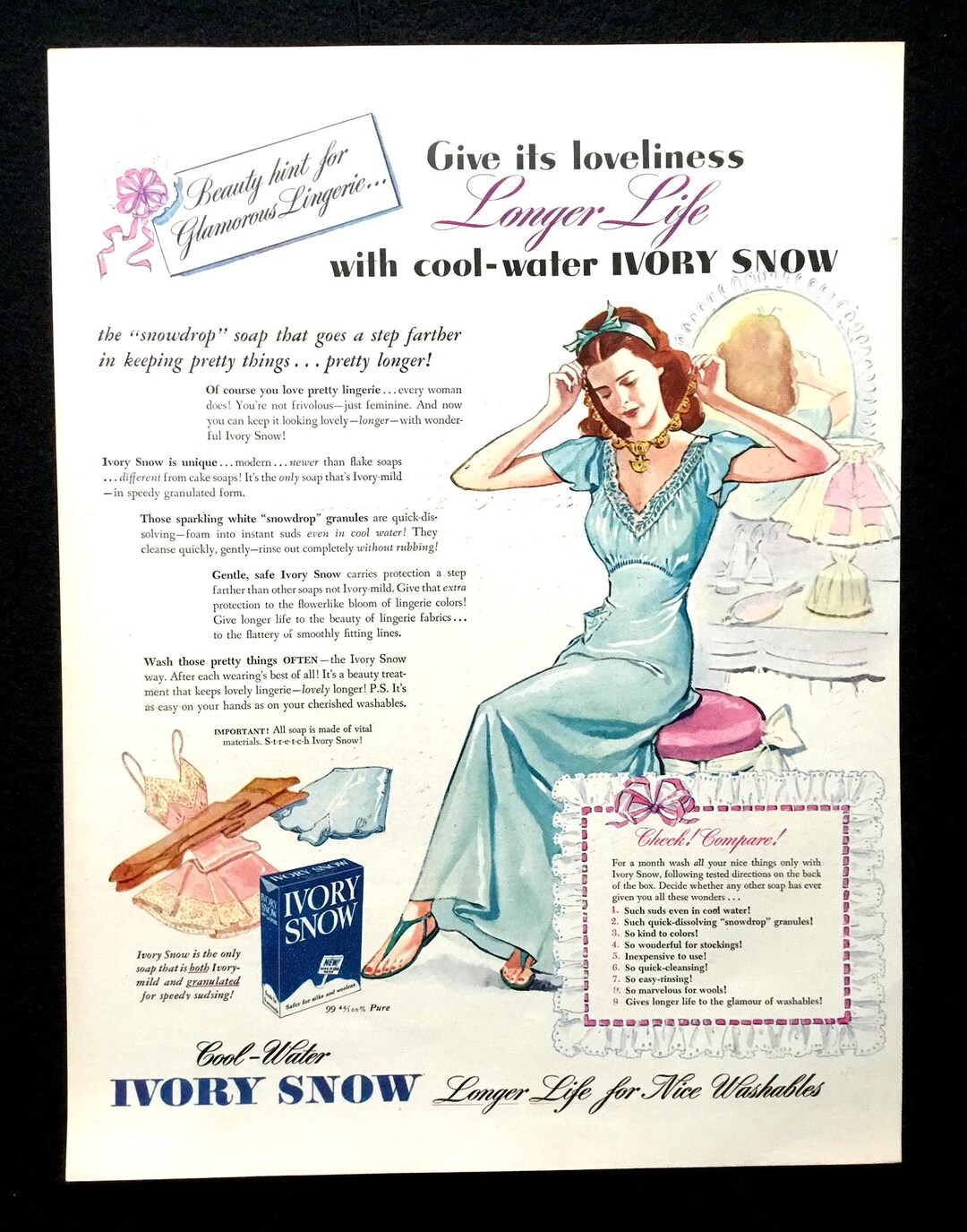 1940's Ivory Snow Vintage Ad, Advertising Art, 1940's Laundry, Print Ad ...
