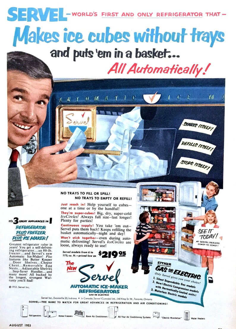 1953 Servel Refrigerator Ad, Automatic Ice Maker, Vintage Kitchen Decor ...