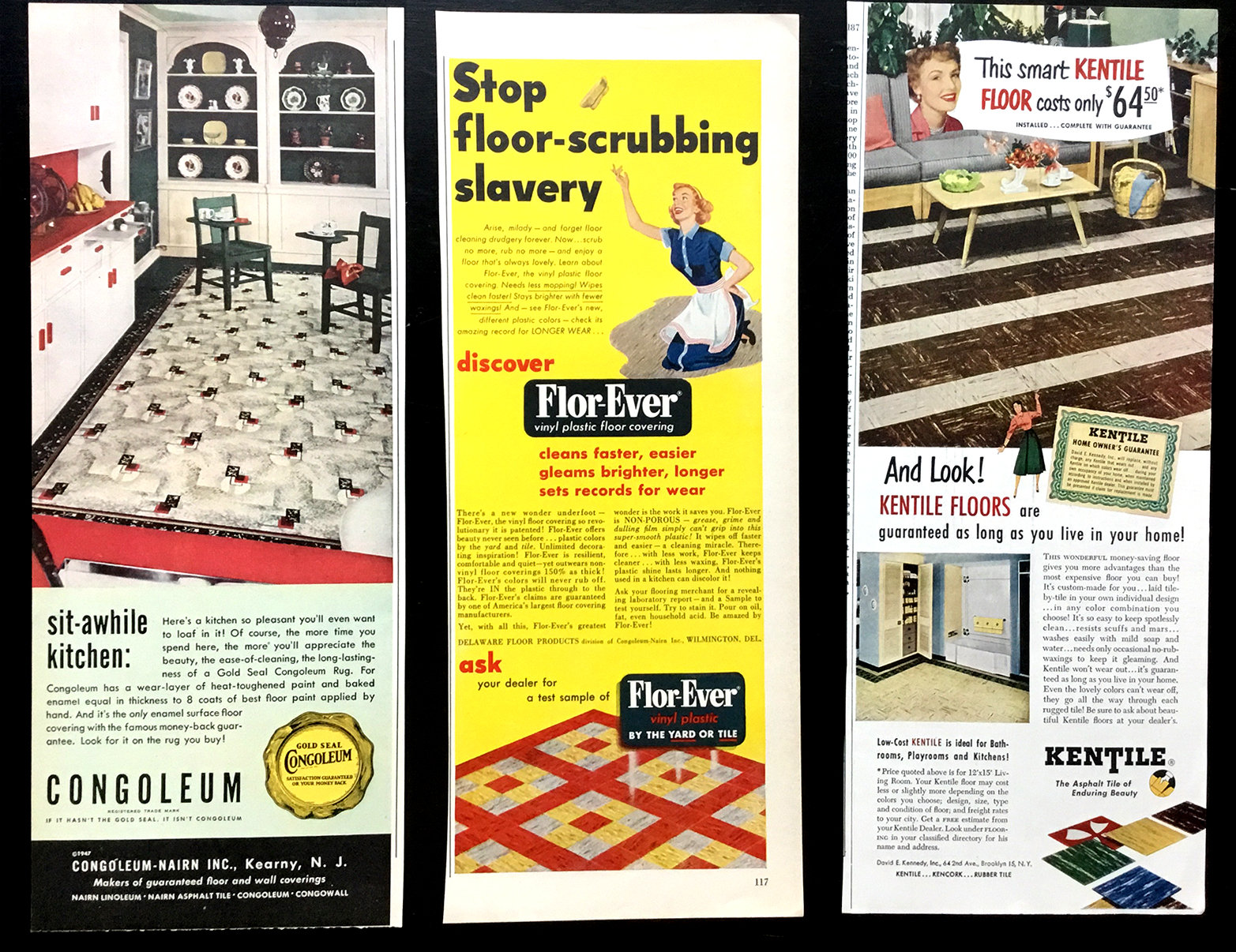 1950s Flooring Ads, Congoleum & Kentile, Set of 3, Vintage Magazine Art ...