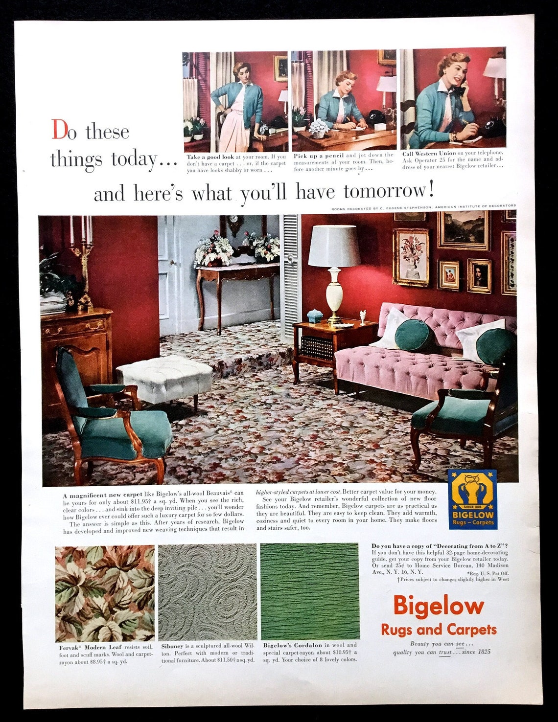 1953 Bigelow Rugs & Carpets Vintage Magazine Ad, Home Decor - Etsy