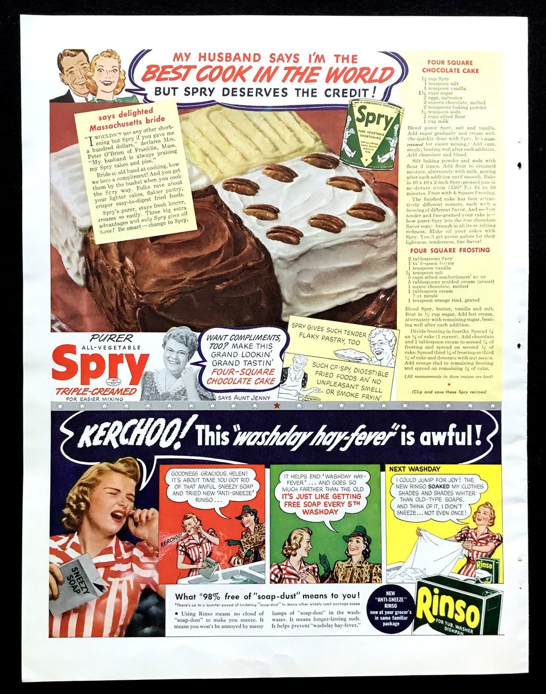 1940's Rinso Soap & Spry Vegetable Shortening Vintage Ad, Advertising ...