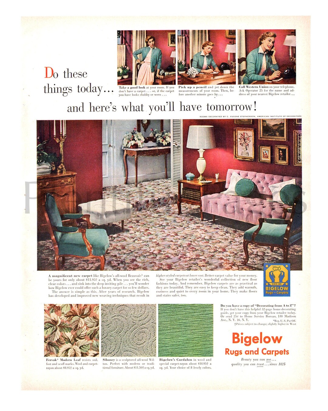 1953 Bigelow Rugs & Carpets Vintage Ad, Advertising Art, 1950's Decor ...