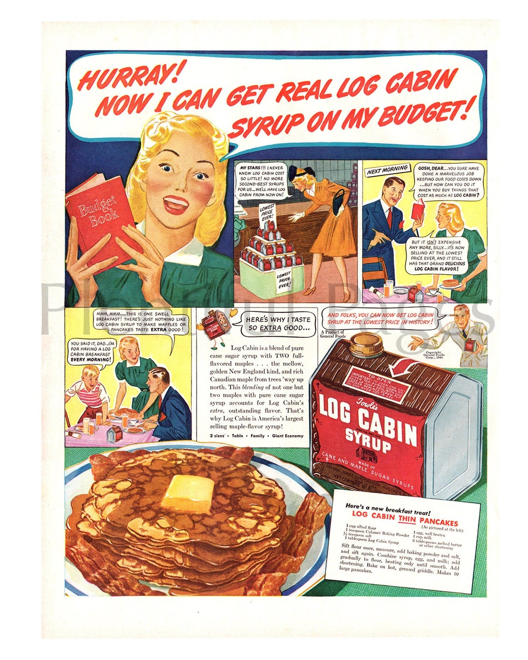 1940's Log Cabin Syrup Vintage Ad, Advertising Art, Pancakes, Magazine ...