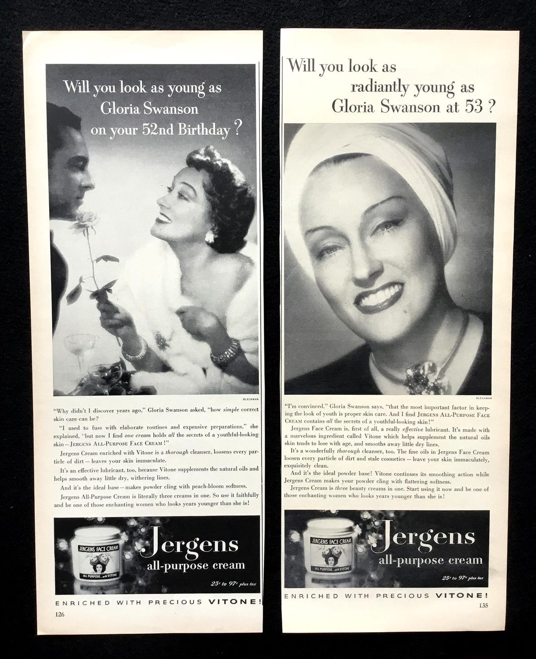 1950's Jergens Cream Vintage Magazine Ad Featuring Gloria Swanson, Set ...