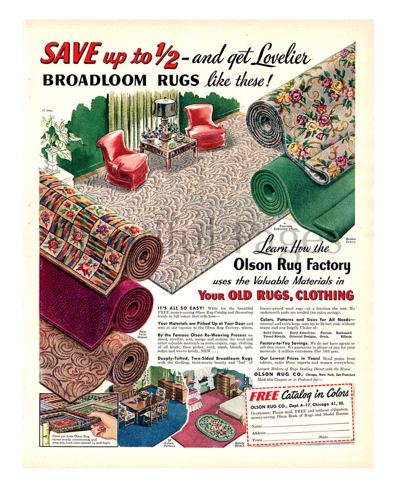 1941 & 1950 Olson Rugs Vintage Ads Set of Two Advertising | Etsy