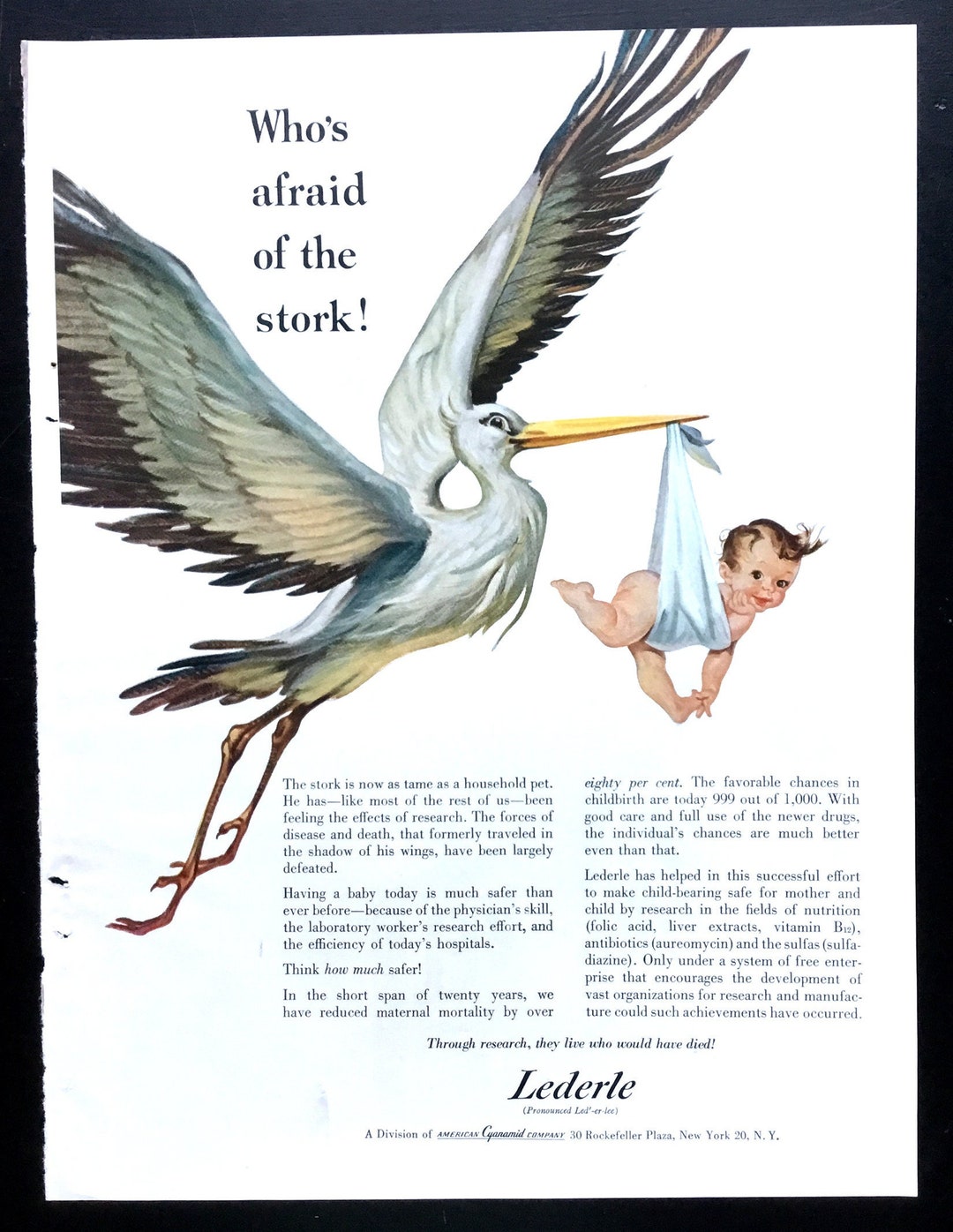 1940's Lederle Vintage Ad, Advertising Art, Magazine Ad, Stork, Print ...