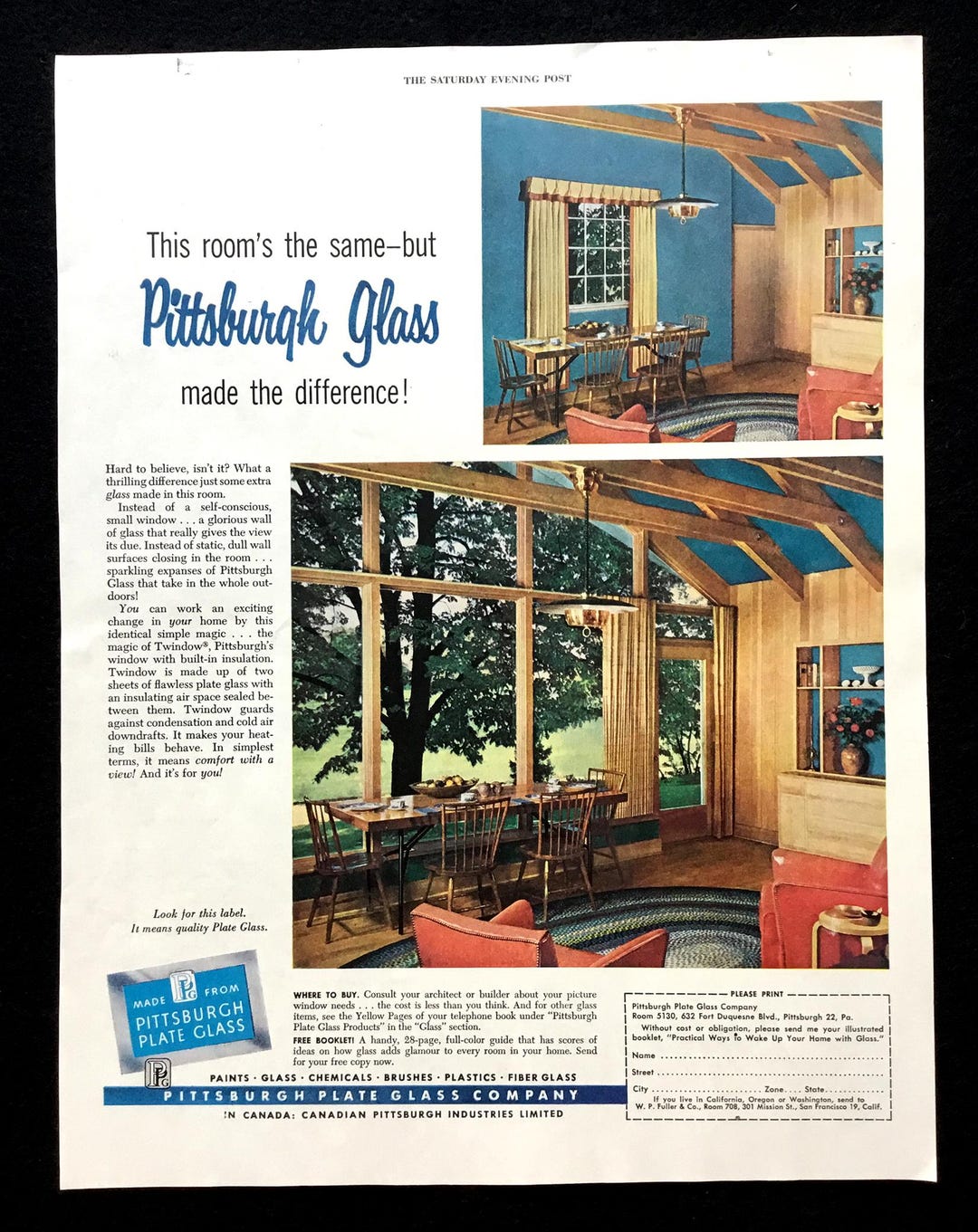 1955 Pittsburgh Glass Vintage Ad, Advertising Art, 1950's Decor, Print ...