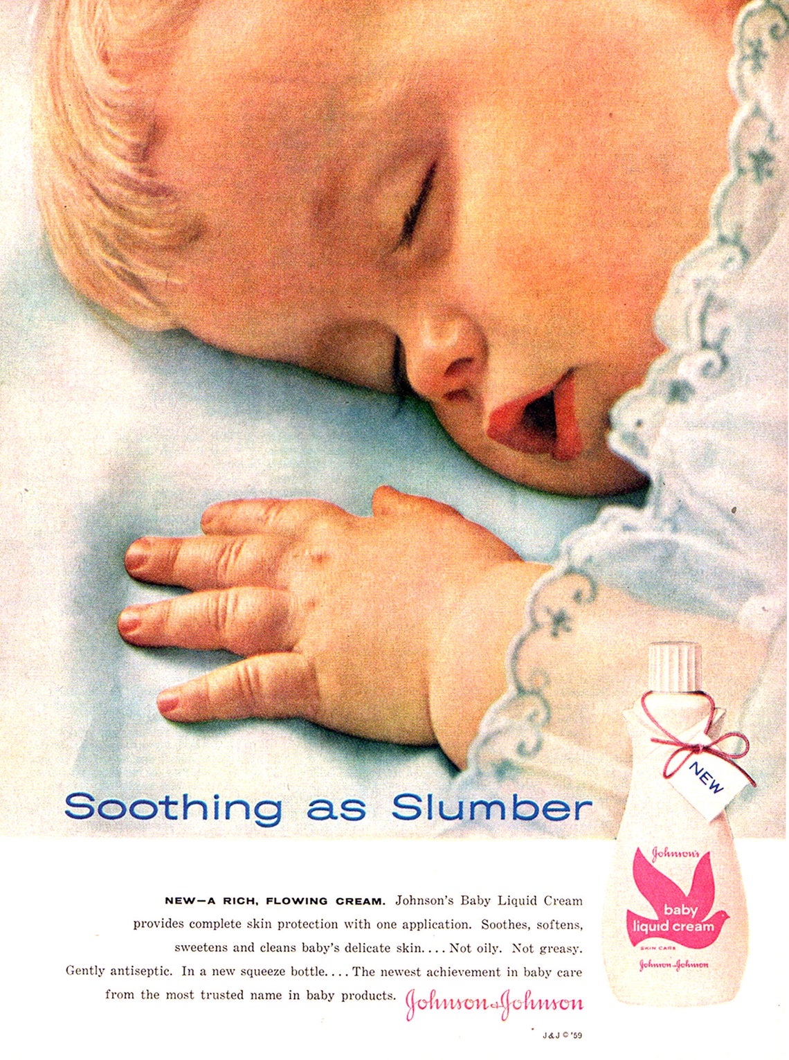1959 Johnson & Johnson Baby Liquid Cream Vintage Ad, Advertising Art ...