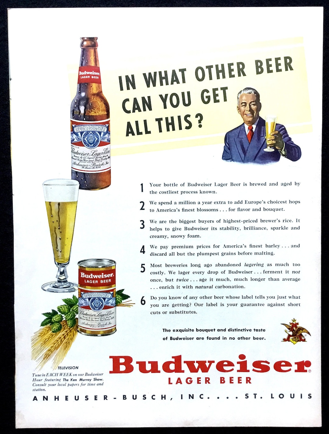 1950 Budweiser Beer Ad, Vintage Magazine Print - Etsy