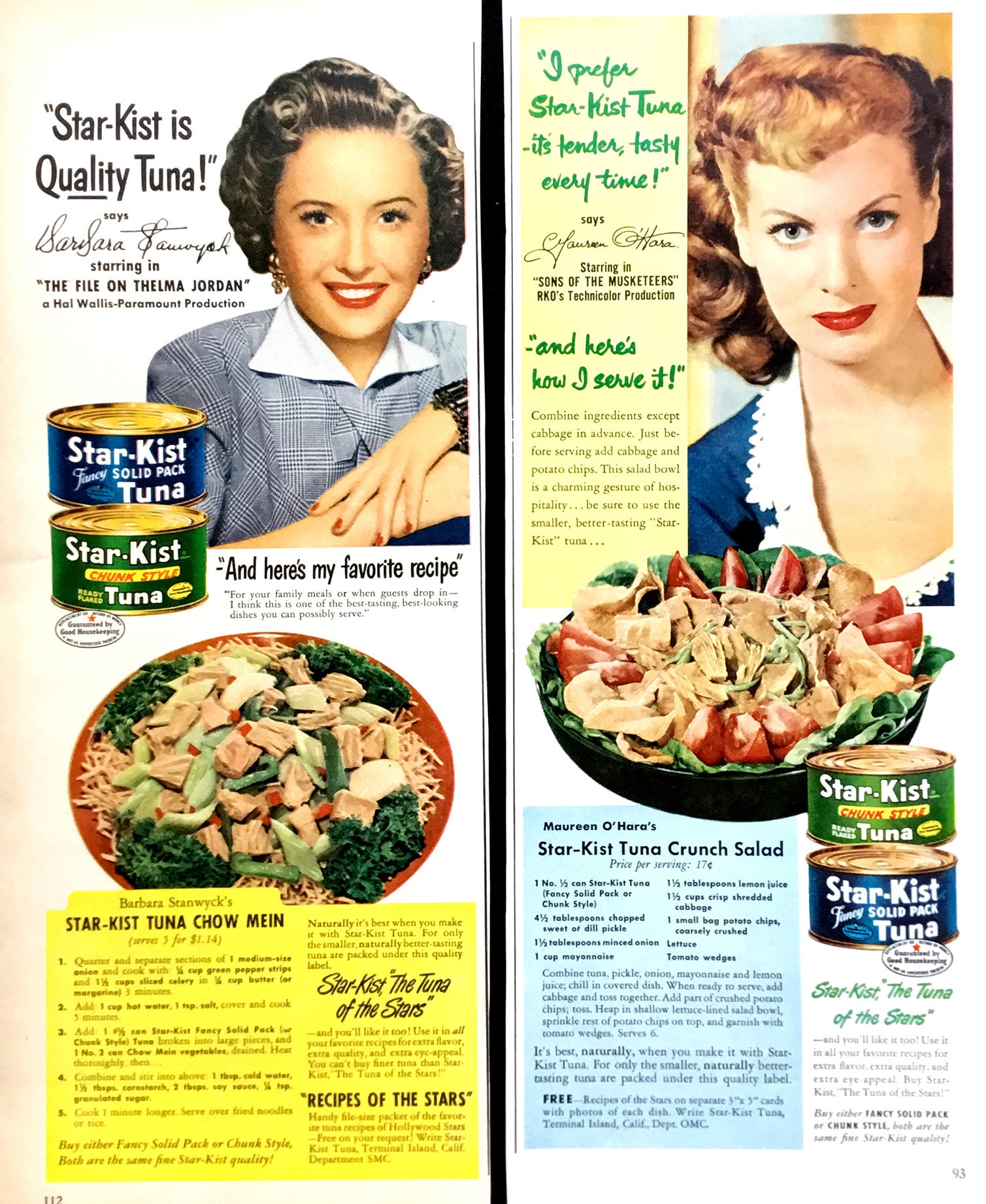 1950's Star-kist Tuna Vintage Ads, Set of Two, Maureen O'hara ...