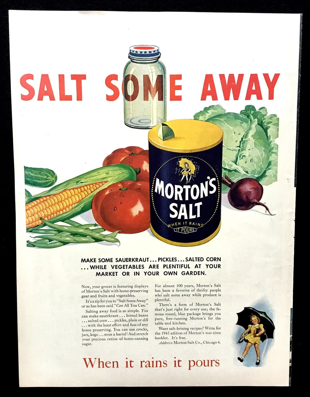 1945 Morton's Salt Vintage Ad, Advertising Art, Magazine Ad, Vegetables ...
