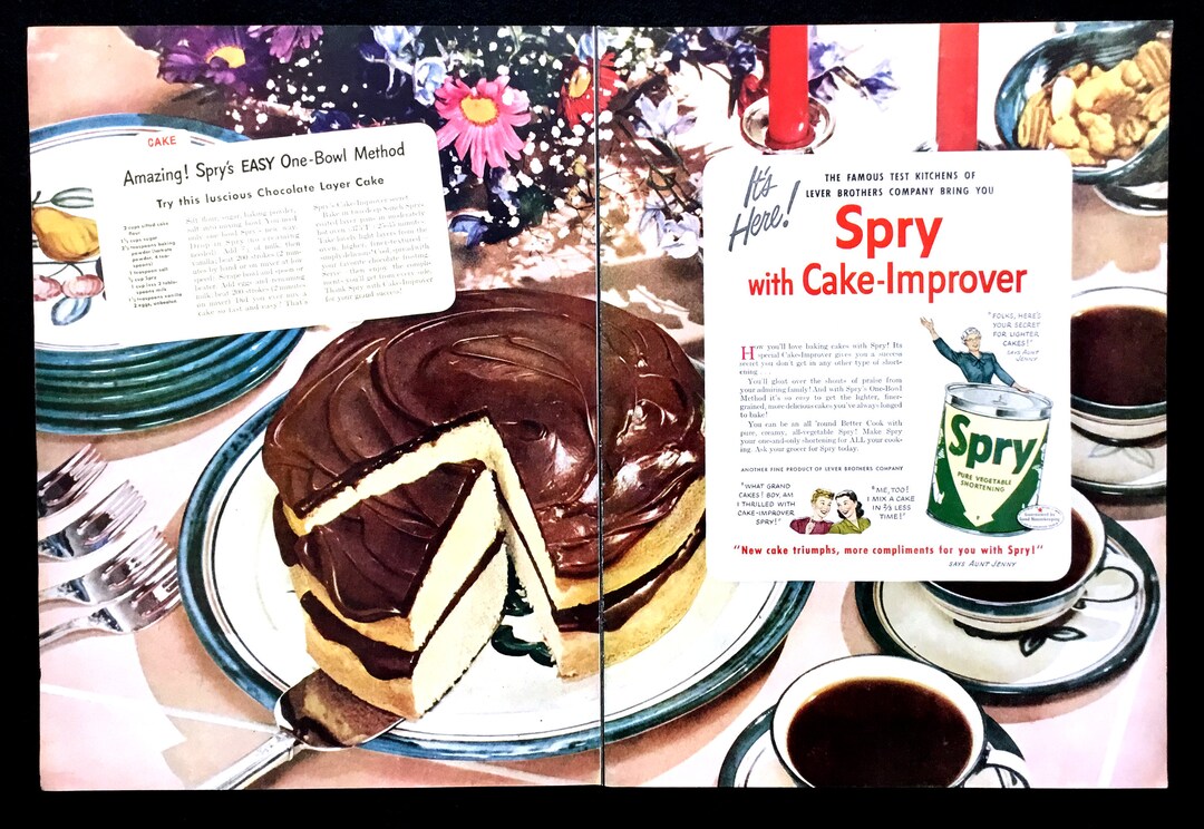 1947 Spry Shortening Vintage Ad, Advertising Art, Chocolate Cake ...