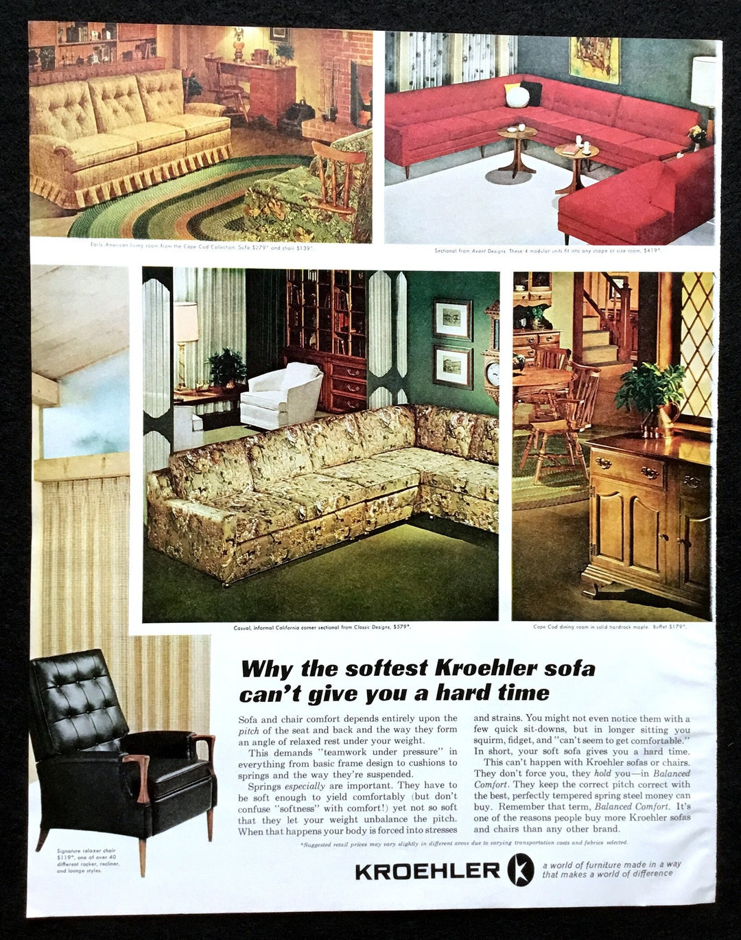 1965 Kroehler Sofas Vintage Ad, Advertising Art, 1960's Decor, Magazine ...