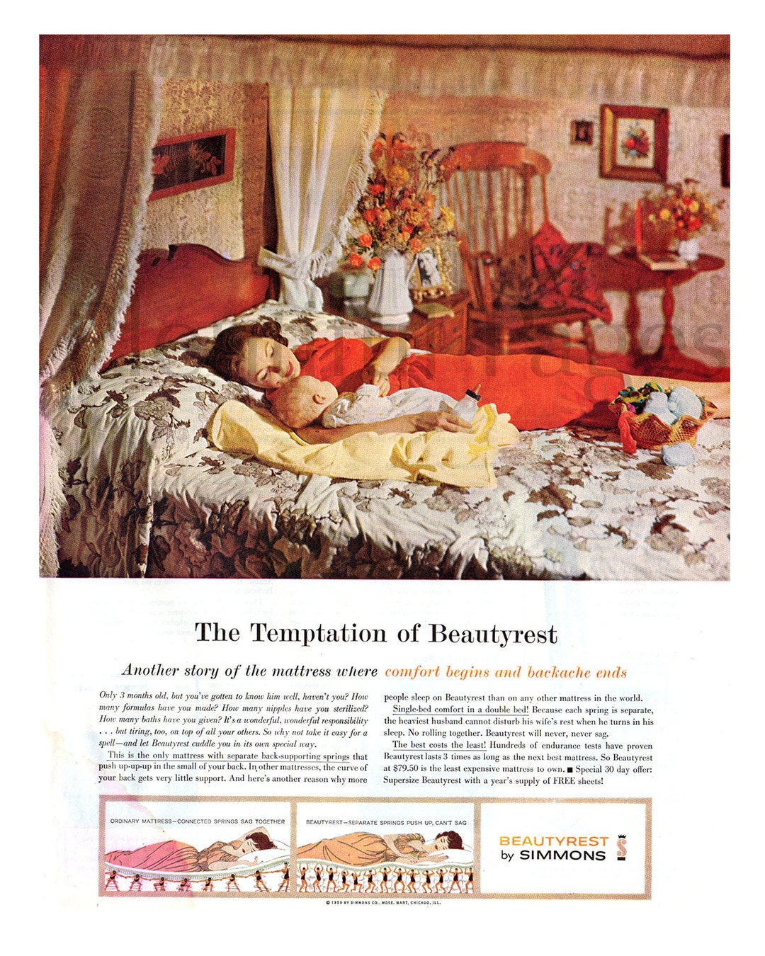 1959 Beauty Rest by Simmons Vintage Ad, Advertising Art, 1950's Bedroom ...