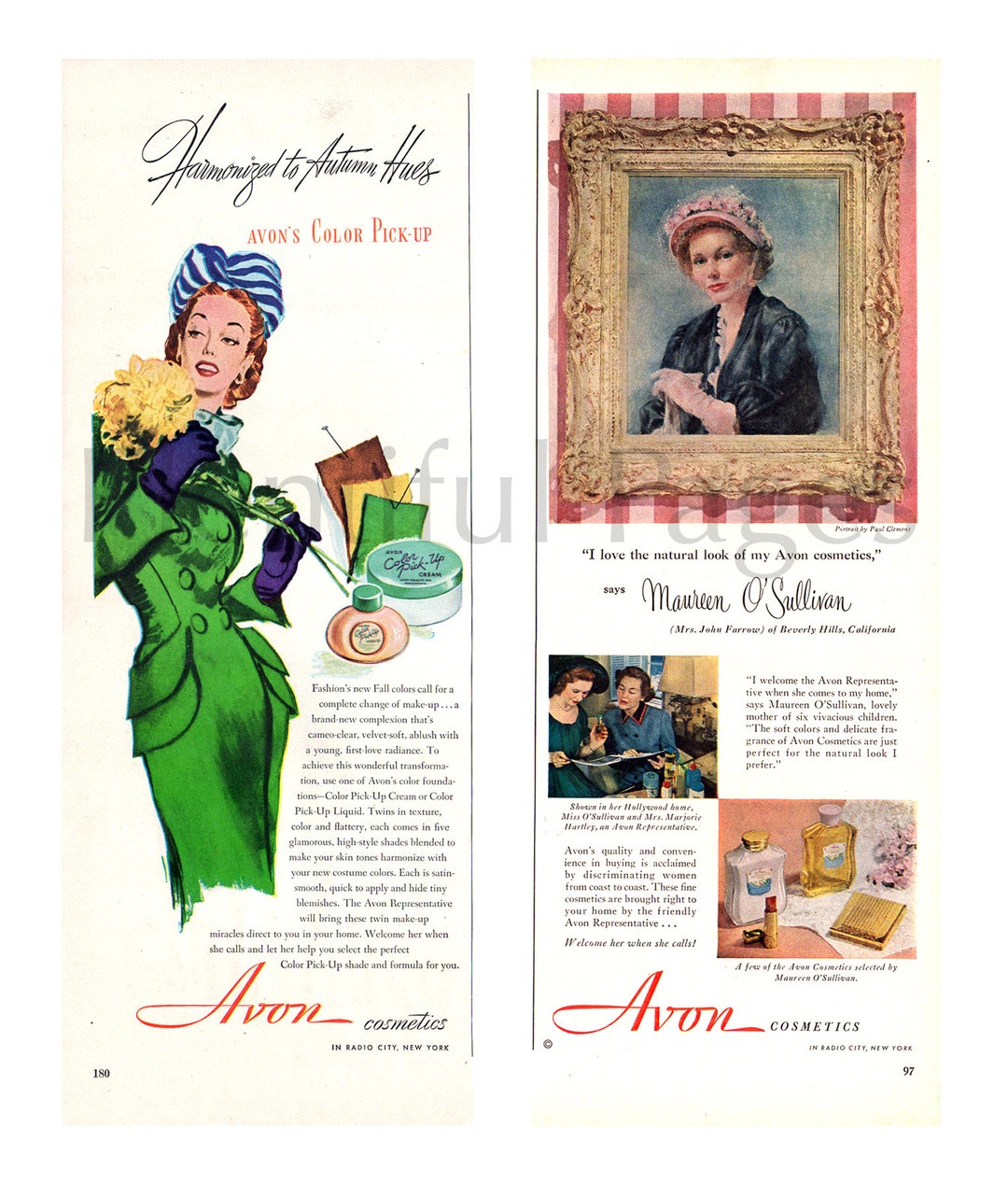 1940's & 1950's Avon Cosmetics Vintage Ads, Set of Two, Maureen O ...