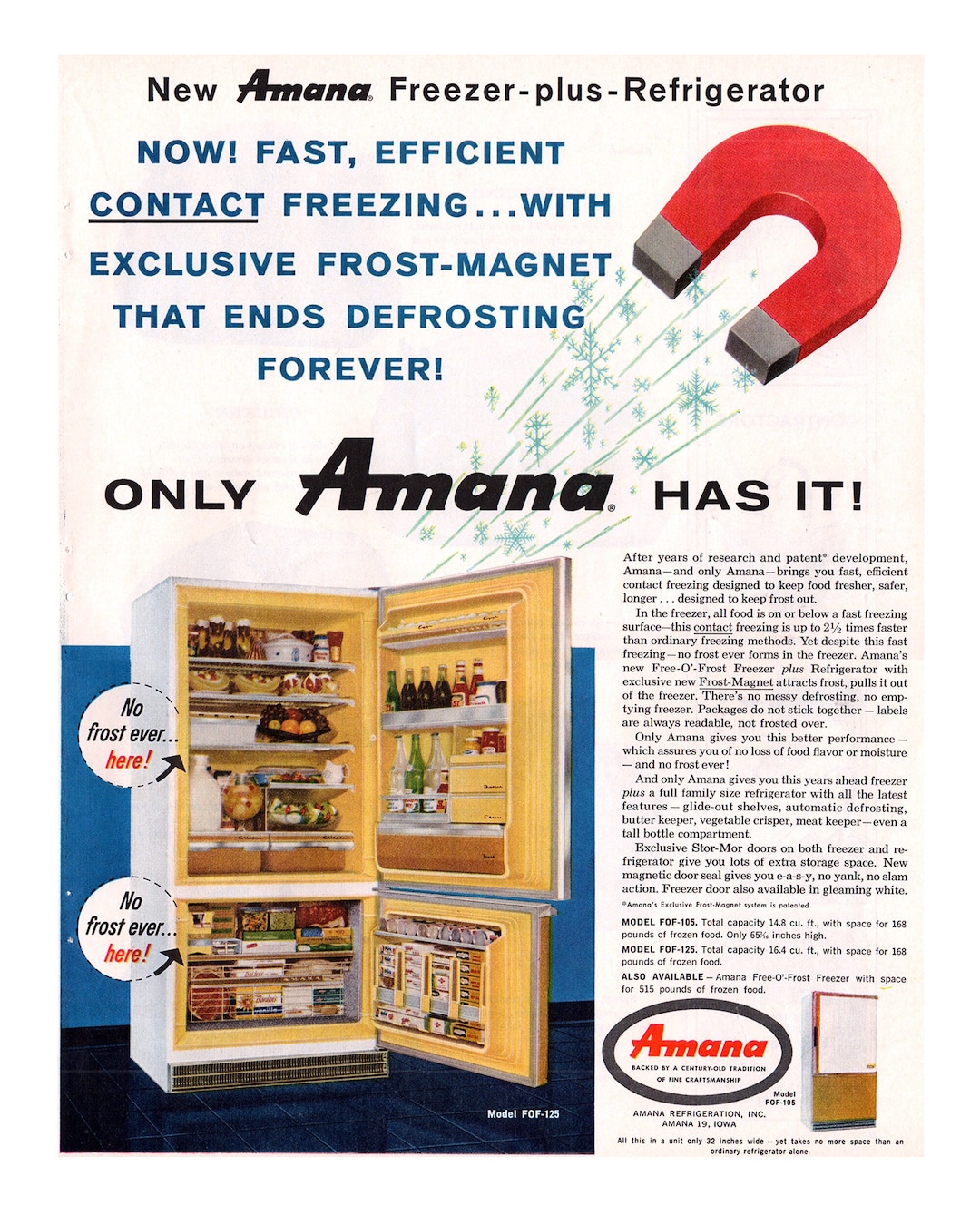 1960 Amana Refrigerator Vintage Ad, Advertising Art, Magazine Ad ...