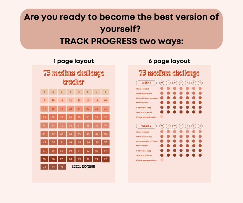 75 Medium Challenge Tracker Bundle: Fitness, Meal Planner (printable ...
