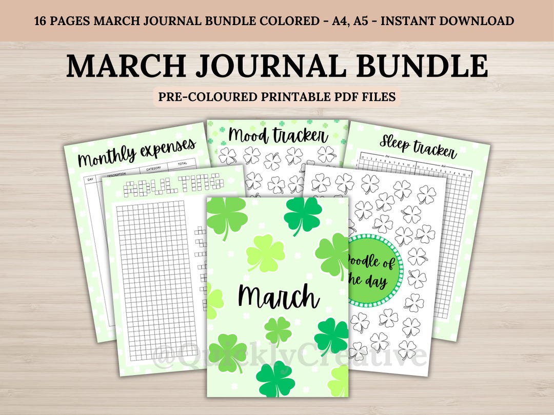 March Journal Bundle Template, Printable Journal Pages, Pre-coloured ...