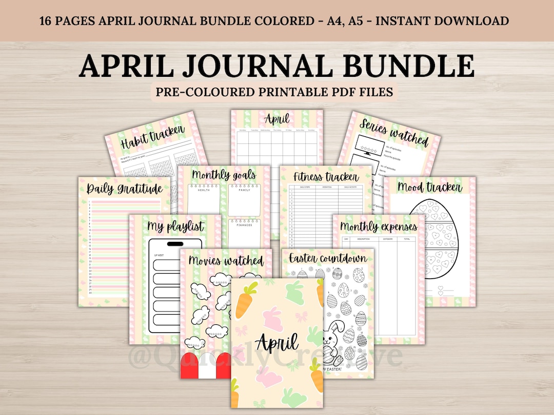 April Journal Bundle Template, Printable Journal Pages, Pre-coloured ...