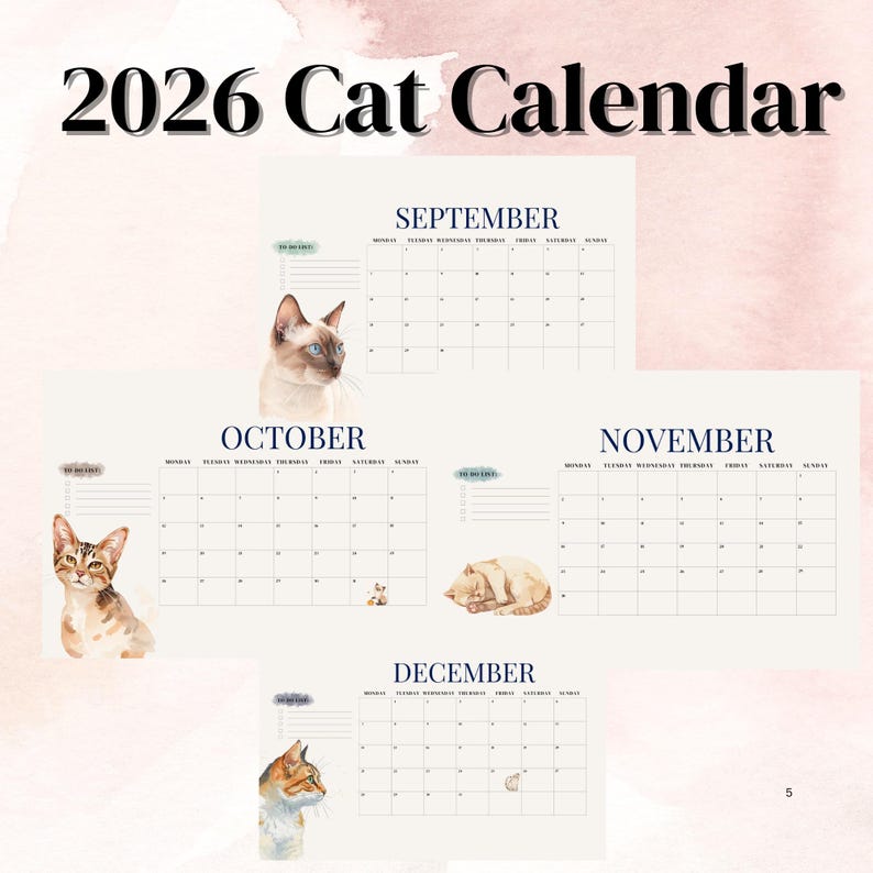 2026 Printable Cat Calendar | Watercolor Cats Monthly Planner | Cute ...