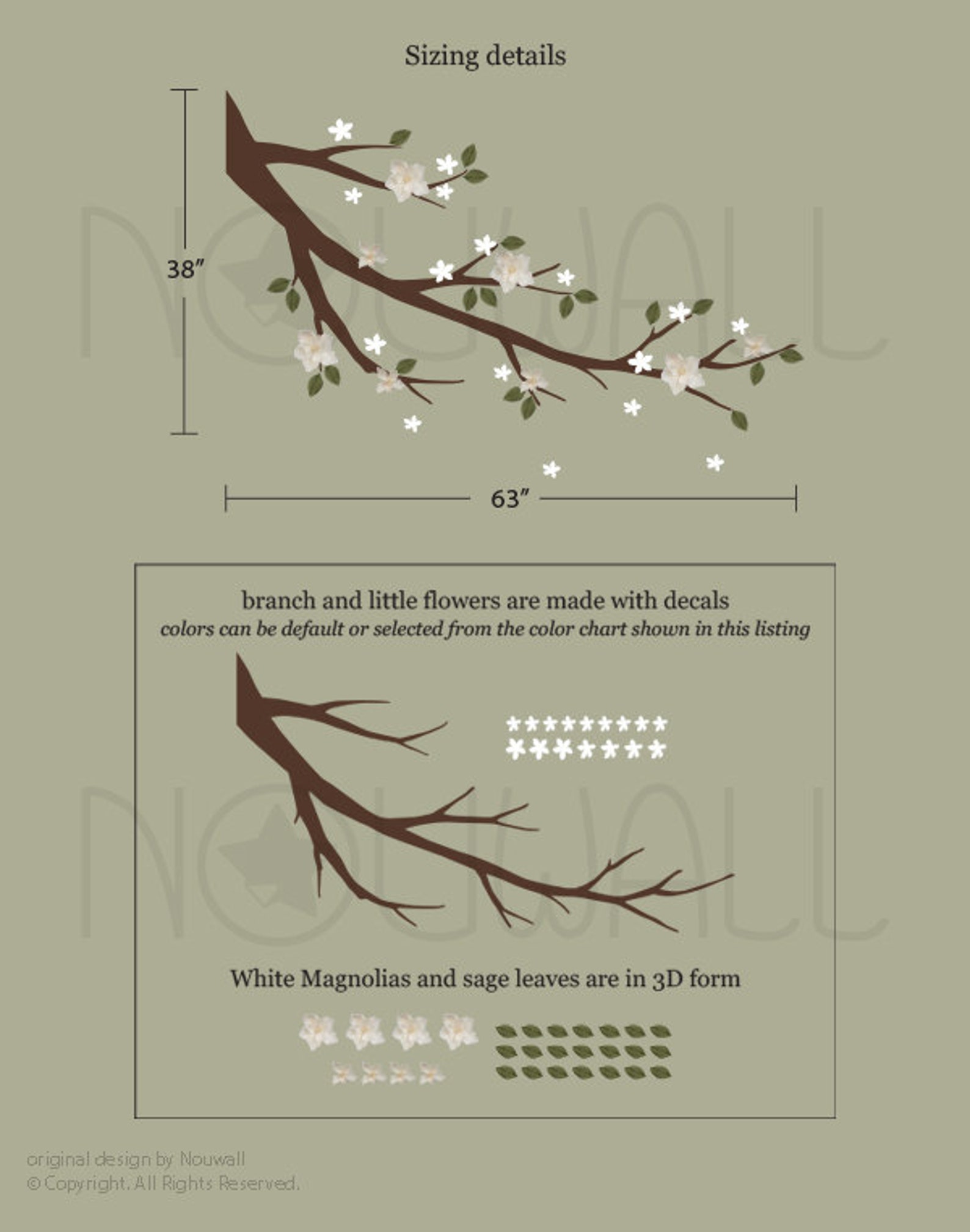 Wall Decal Sticker Magnolia Branch With White 3D Flowers and - Etsy