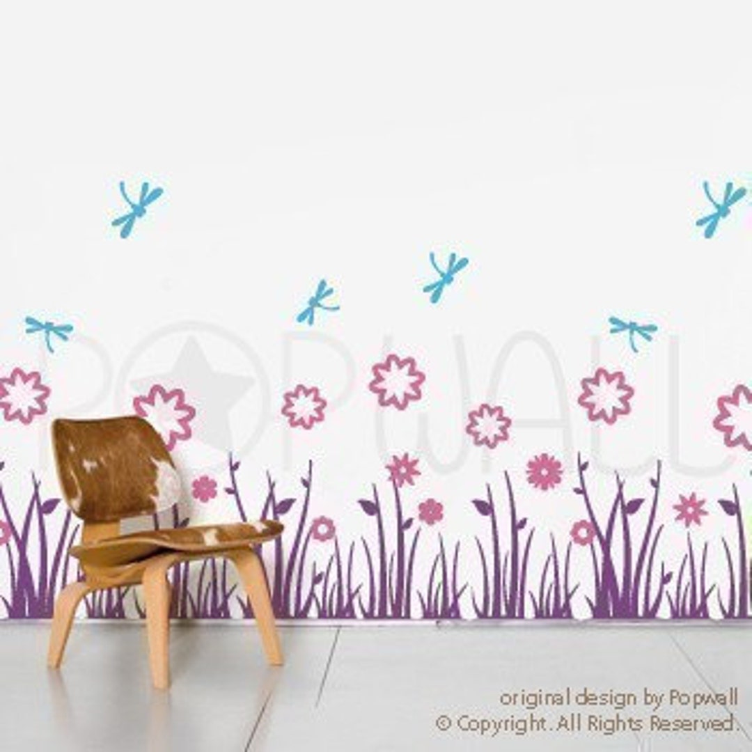 Grass Land With Flowers Wall Decal and Dragonflies Wall Decal Wall ...