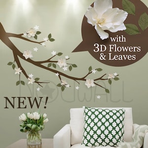 Wall Decal Sticker Magnolia Branch With White 3D Flowers and Sage Green ...
