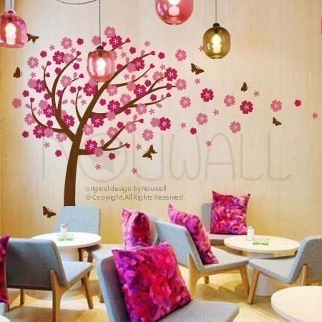Wall Sticker Wall Decal Windy Flowery Tree Decal With Butterflies ...