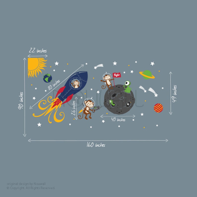 Monkey Wall Decal Rocket Ship Alien Planet Space Astro Boys - Etsy