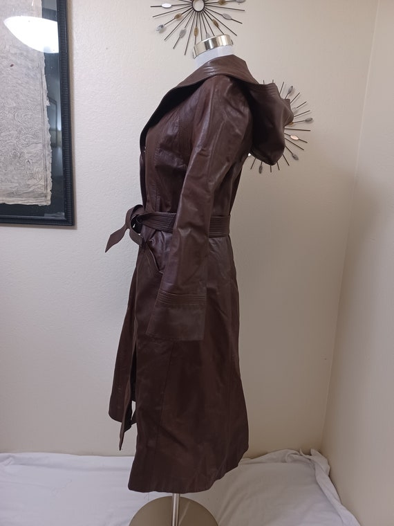 1970s Mod Brown Leather Sash Belted Hooded Trench Coa… - Gem